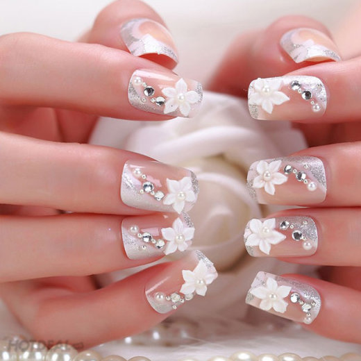 Combo 24 Bộ Móng Giả Gắn Hạt 3D - Móng Hồng Hoa Trắng